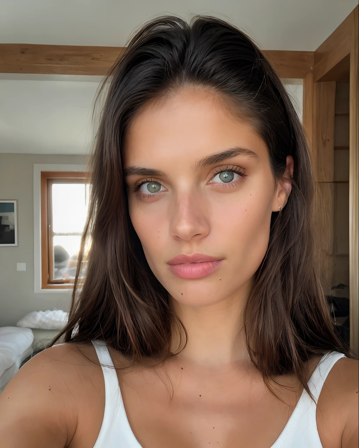 A close up of a woman with long hair and a white tank top - SeaArt AI