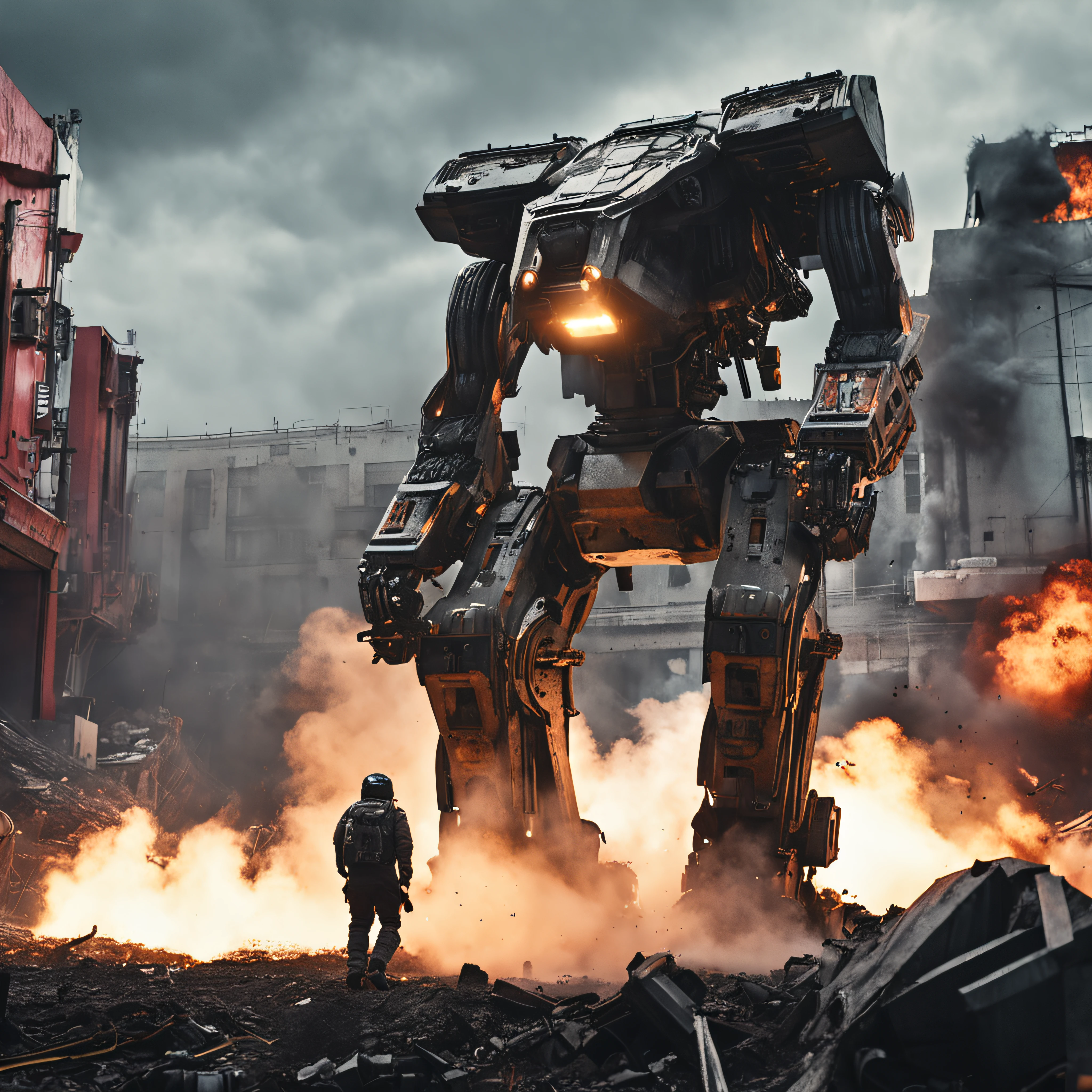 A close up of a robot standing in front of a fire - SeaArt AI