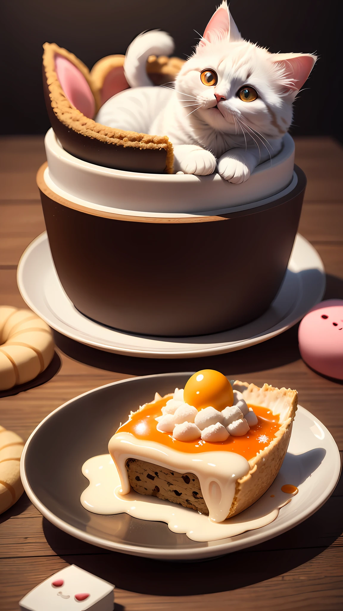 There is a white cat sitting in a bowl with a piece of cake - SeaArt AI