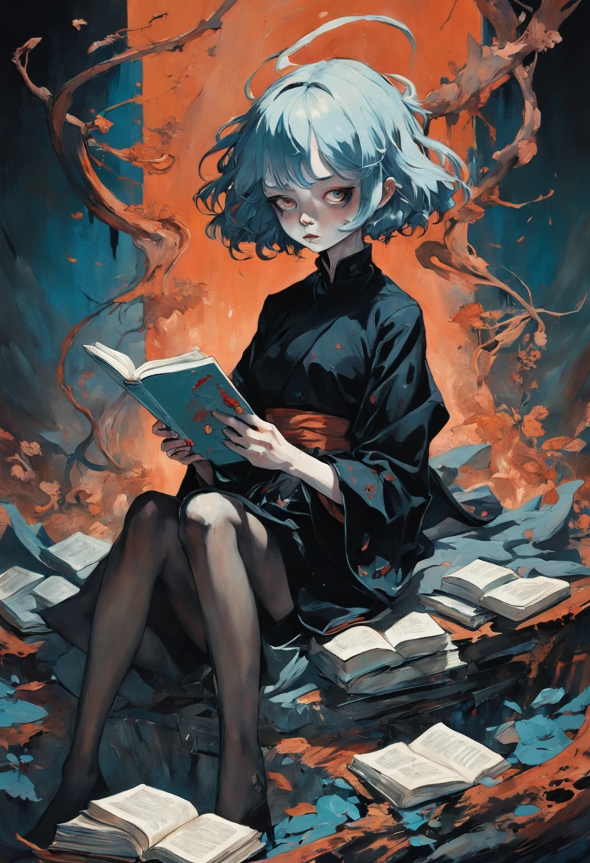 A woman sitting on a pile of books reading a book - SeaArt AI