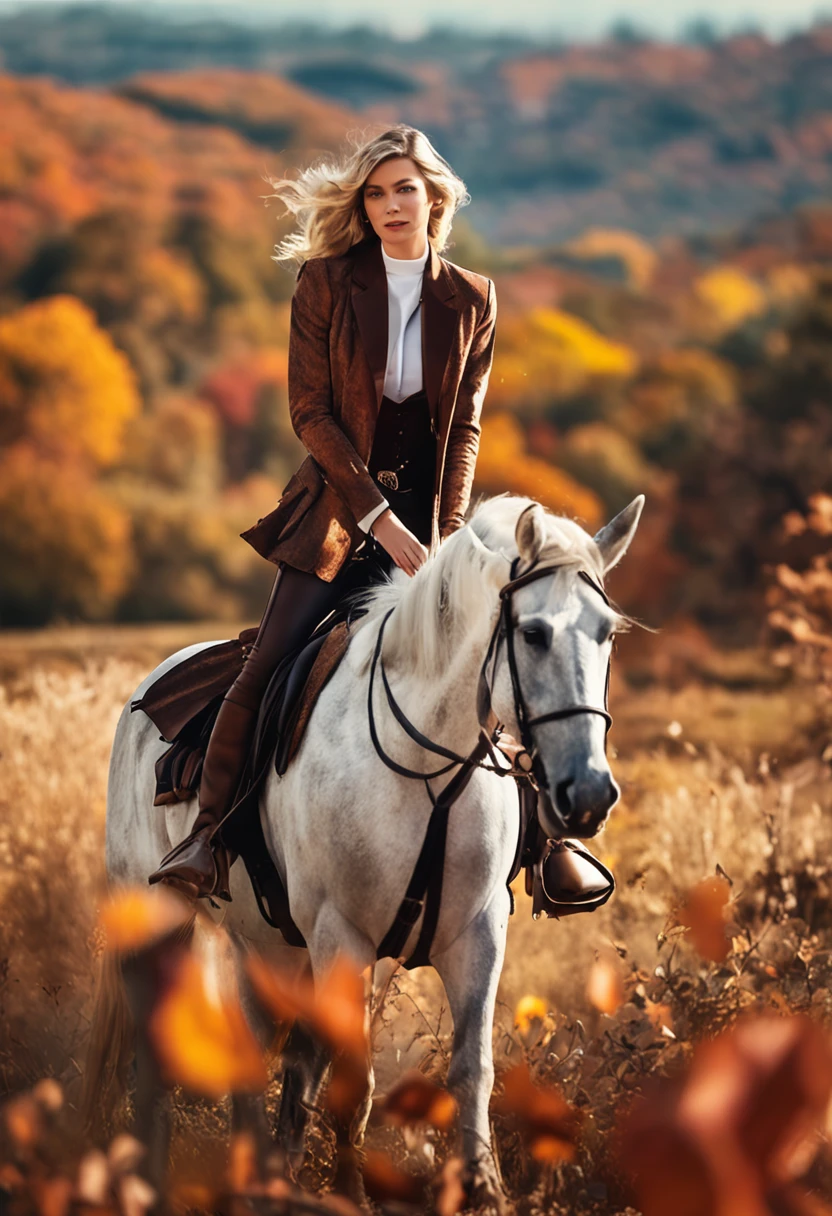 A woman riding a horse in a field with trees in the background - SeaArt AI