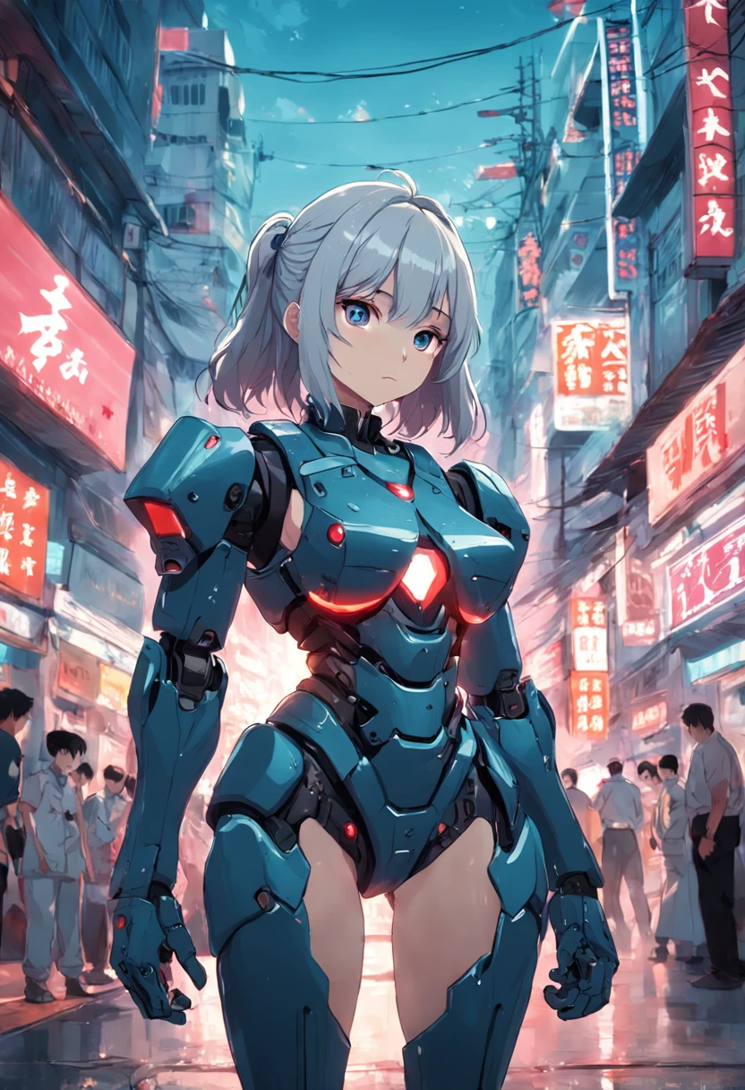 A woman in a futuristic suit standing in a city street - SeaArt AI