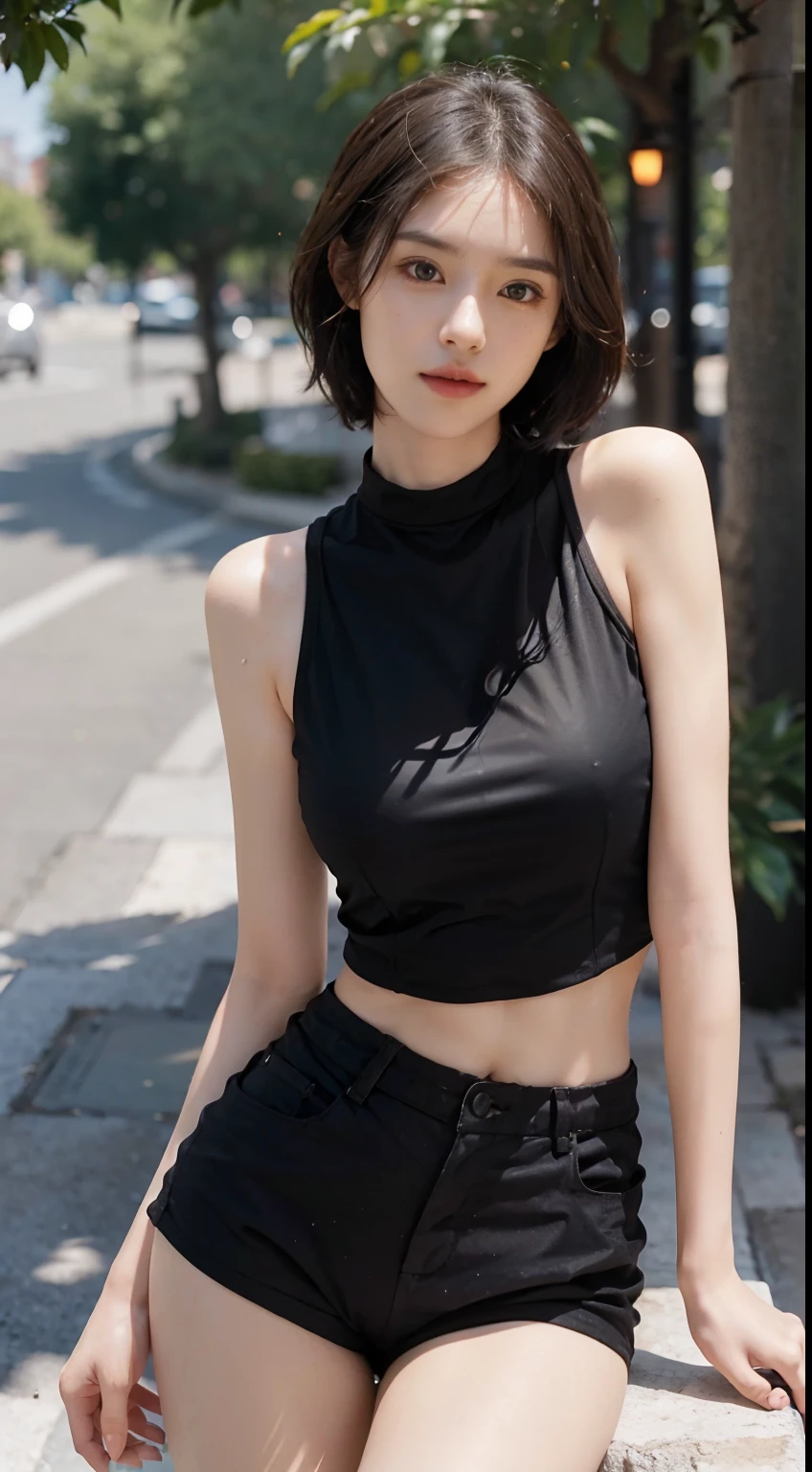 A woman in a black top and shorts posing for a picture - SeaArt AI