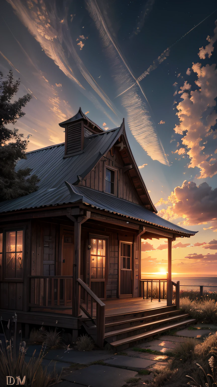 A close up of a small house on a beach at sunset - SeaArt AI