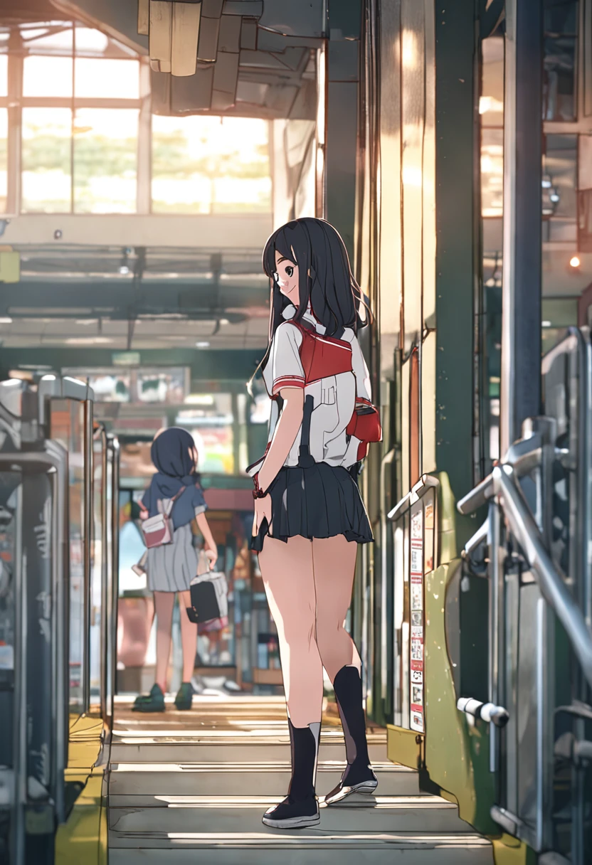 Anime girl in a school uniform standing on a platform - SeaArt AI
