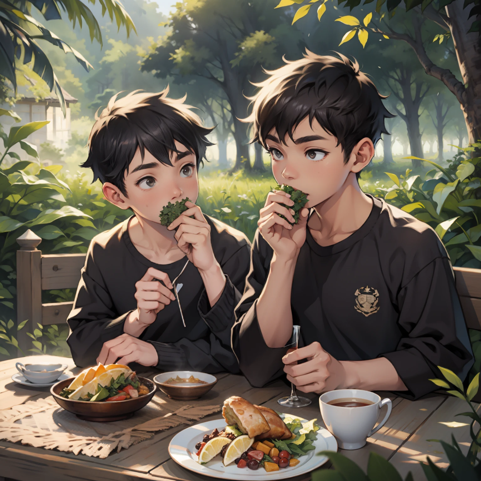 Anime boy eating a meal with a friend - SeaArt AI