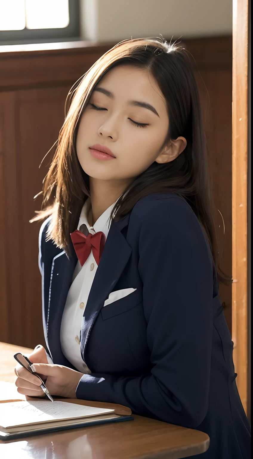 Arafed woman in a suit sitting at a table with a cell phone - SeaArt AI