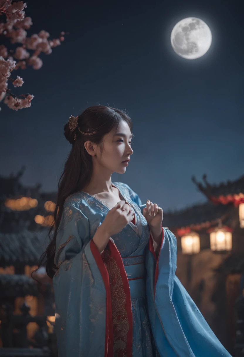 A woman in a blue dress standing under a full moon - SeaArt AI