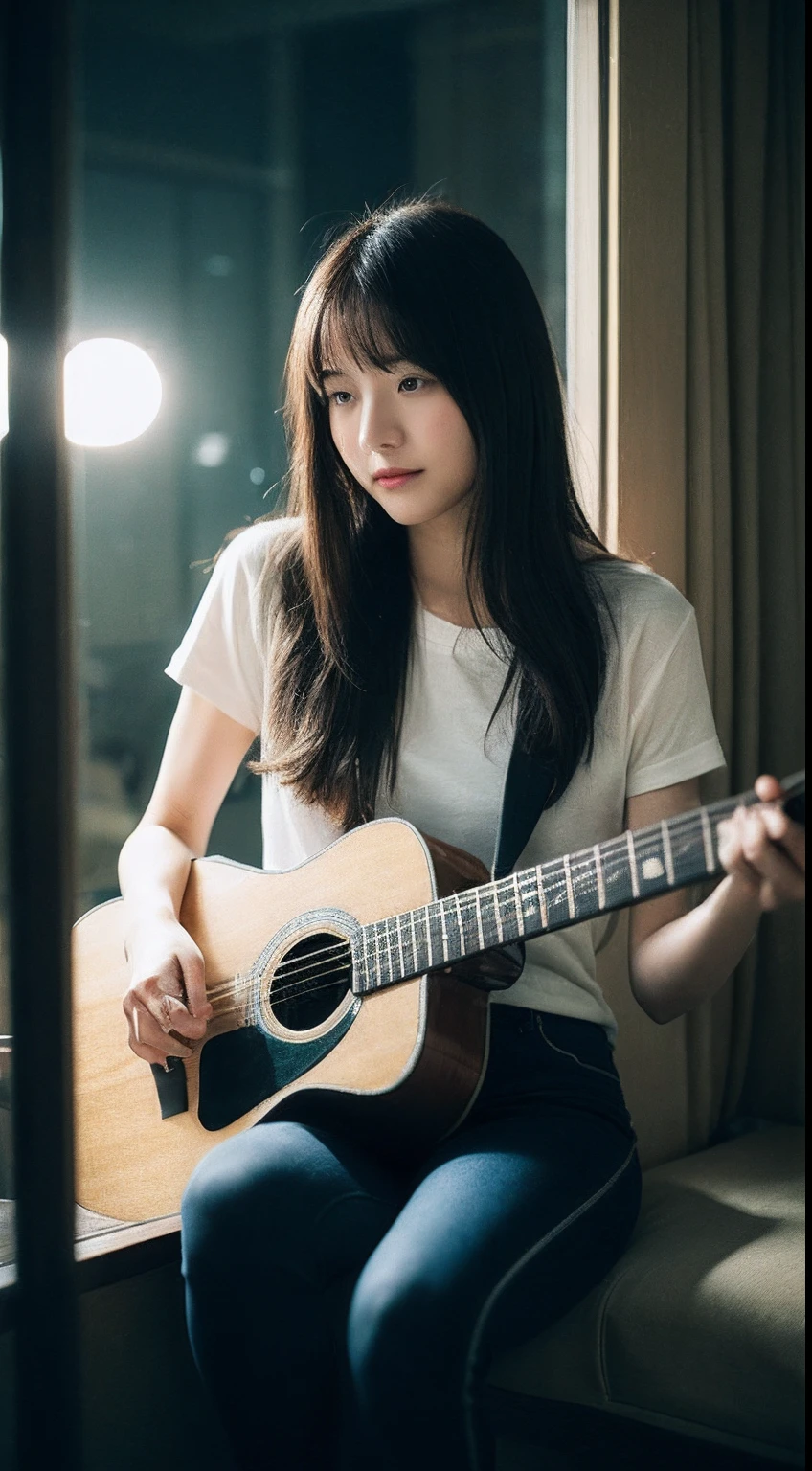 A woman sitting on a window sill playing a guitar - SeaArt AI