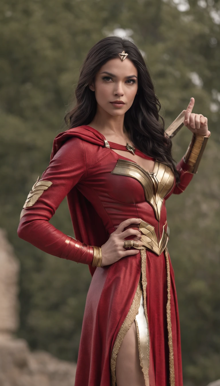 A woman in a red dress and gold armor holding a sword - SeaArt AI