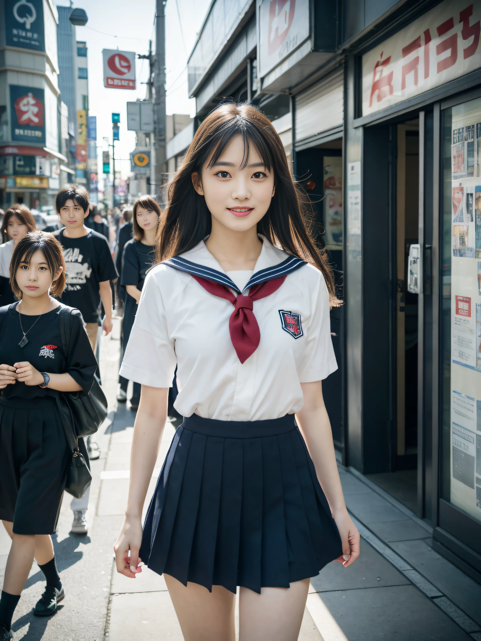 Arafed asian woman in a school uniform walking down a street - SeaArt AI