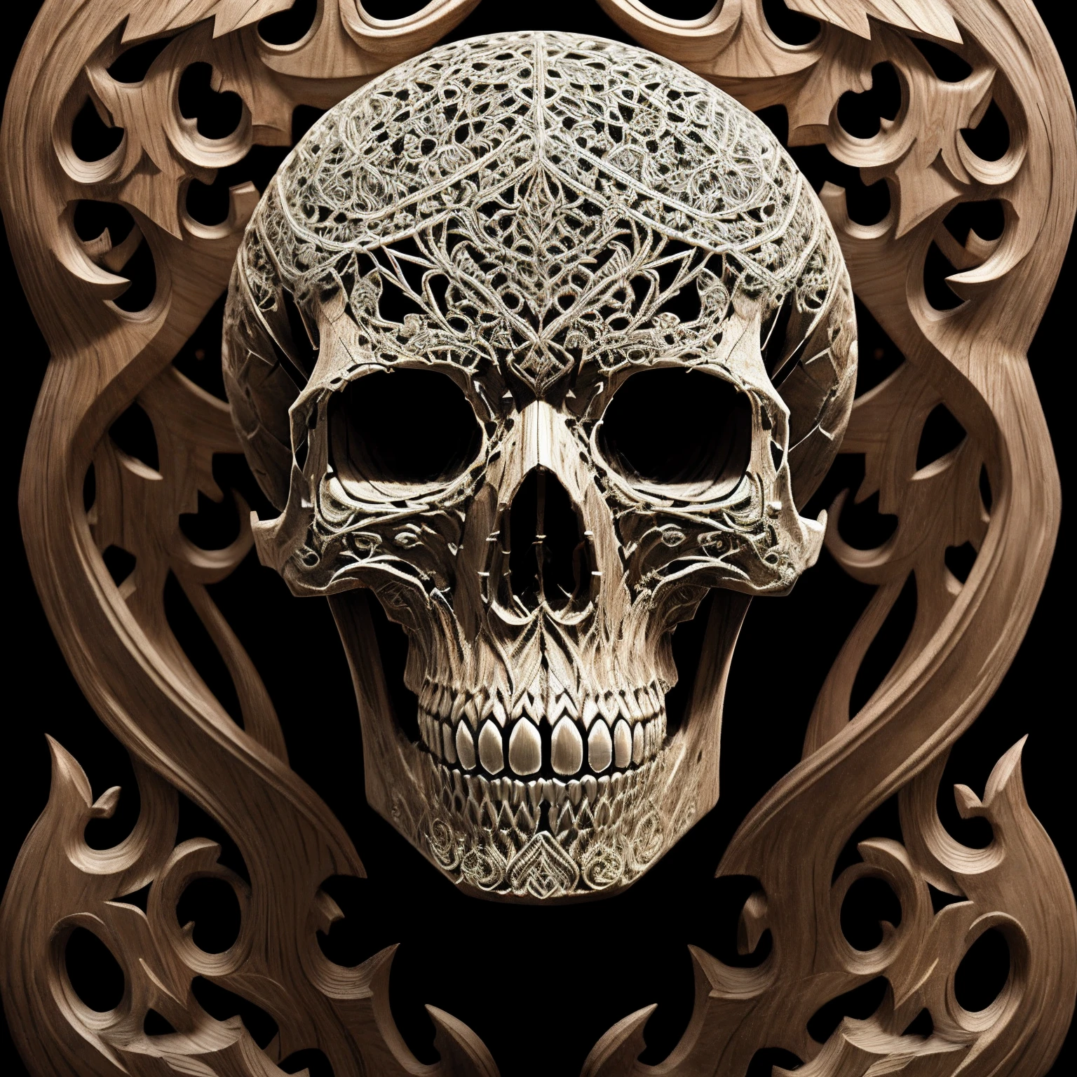 A close up of a carved skull on a wooden frame - SeaArt AI