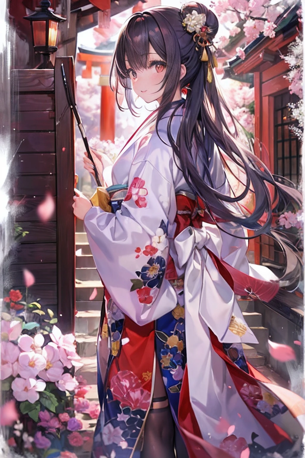 Anime girl in kimono outfit holding a stick in front of a building ...