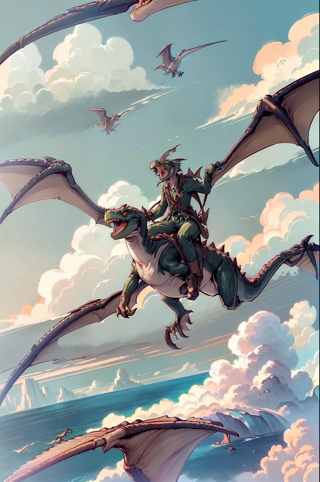 A painting of a man riding a dragon with a bunch of flying birds ...