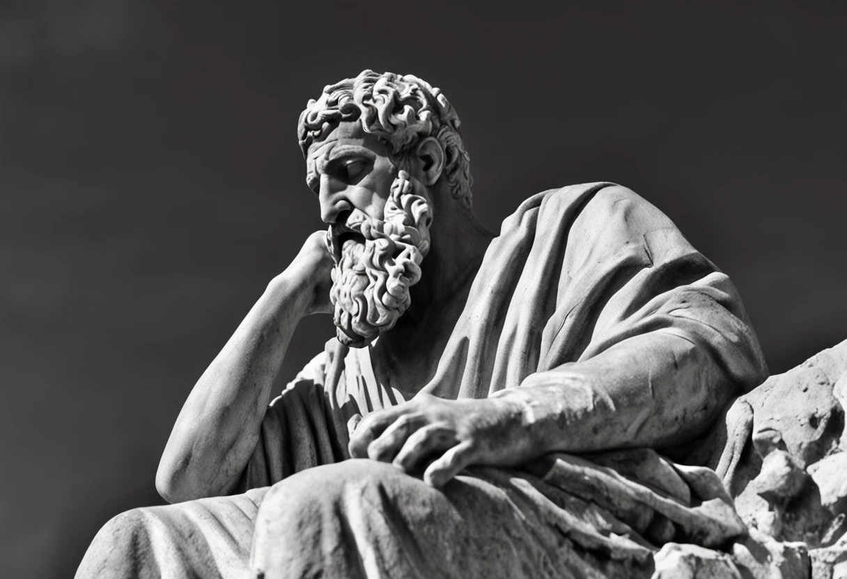 A black and white photo of a statue of a man with a beard - SeaArt AI