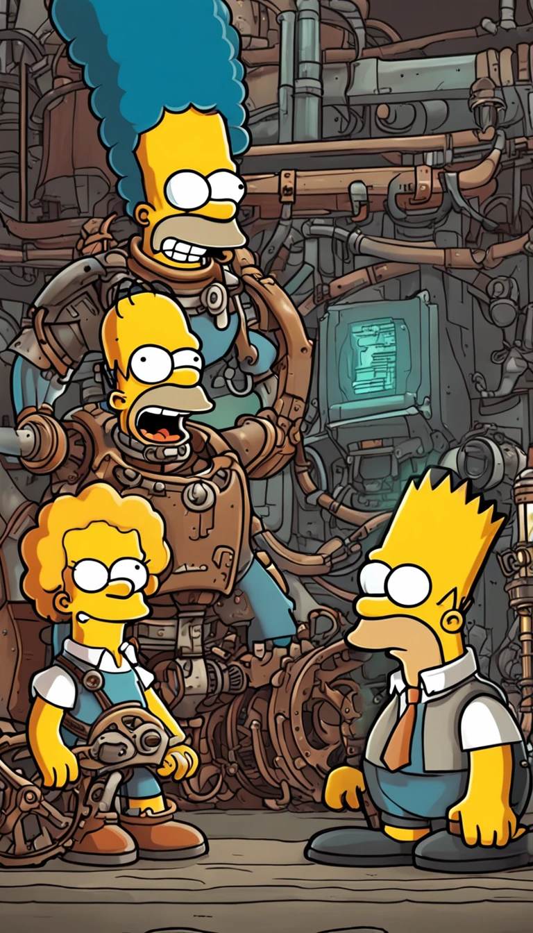 Simpsons characters in a factory with a robot and a man - SeaArt AI