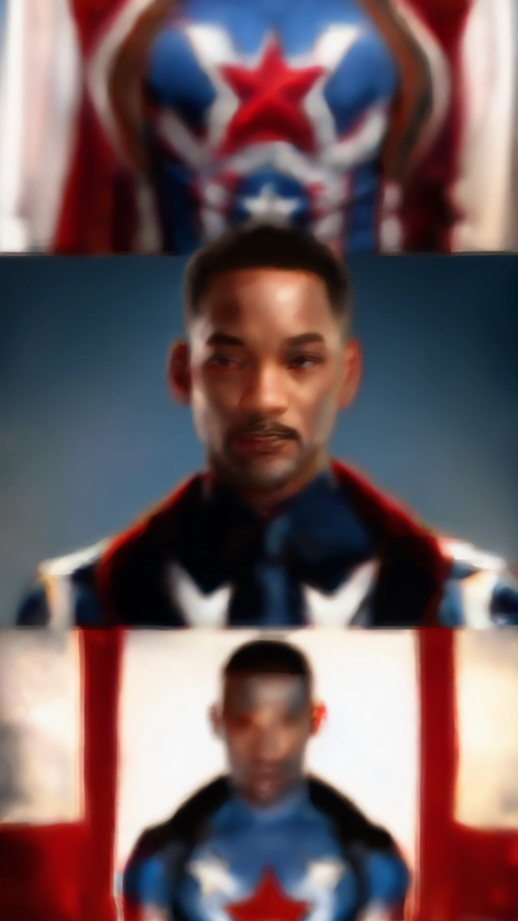 A close up of a man in a captain costume with a red star on his chest ...