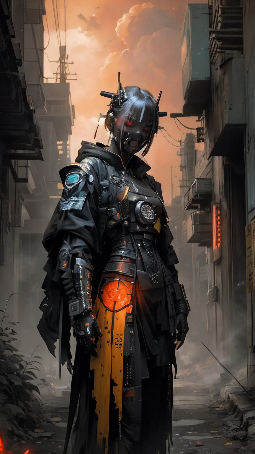 A man in armor standing in a street with a fire - SeaArt AI