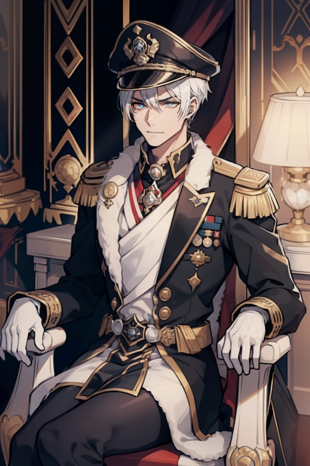 A man in a uniform sitting in a chair with a lamp - SeaArt AI