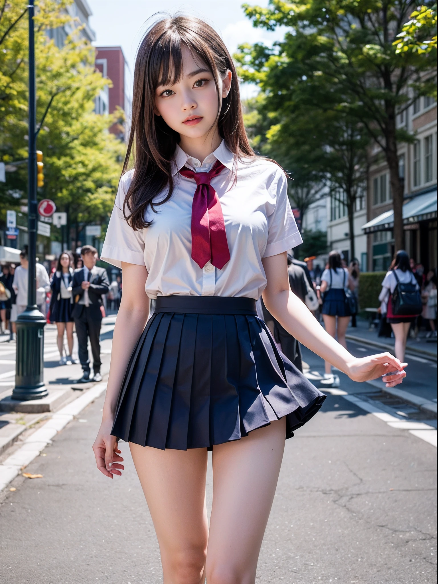 Arafed asian woman in a school uniform walking down a street - SeaArt AI