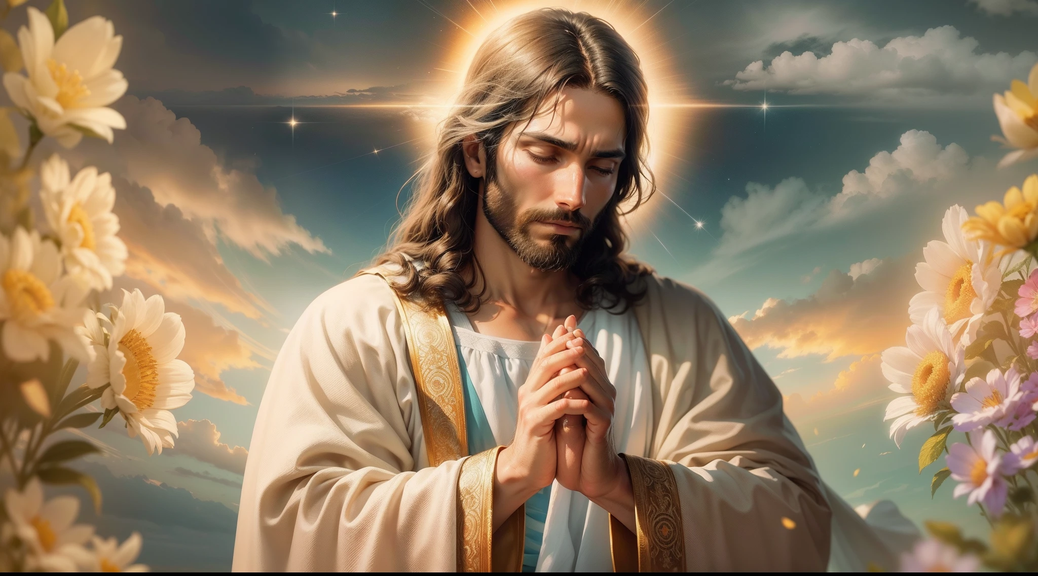 Jesus is praying in the midst of flowers - SeaArt AI