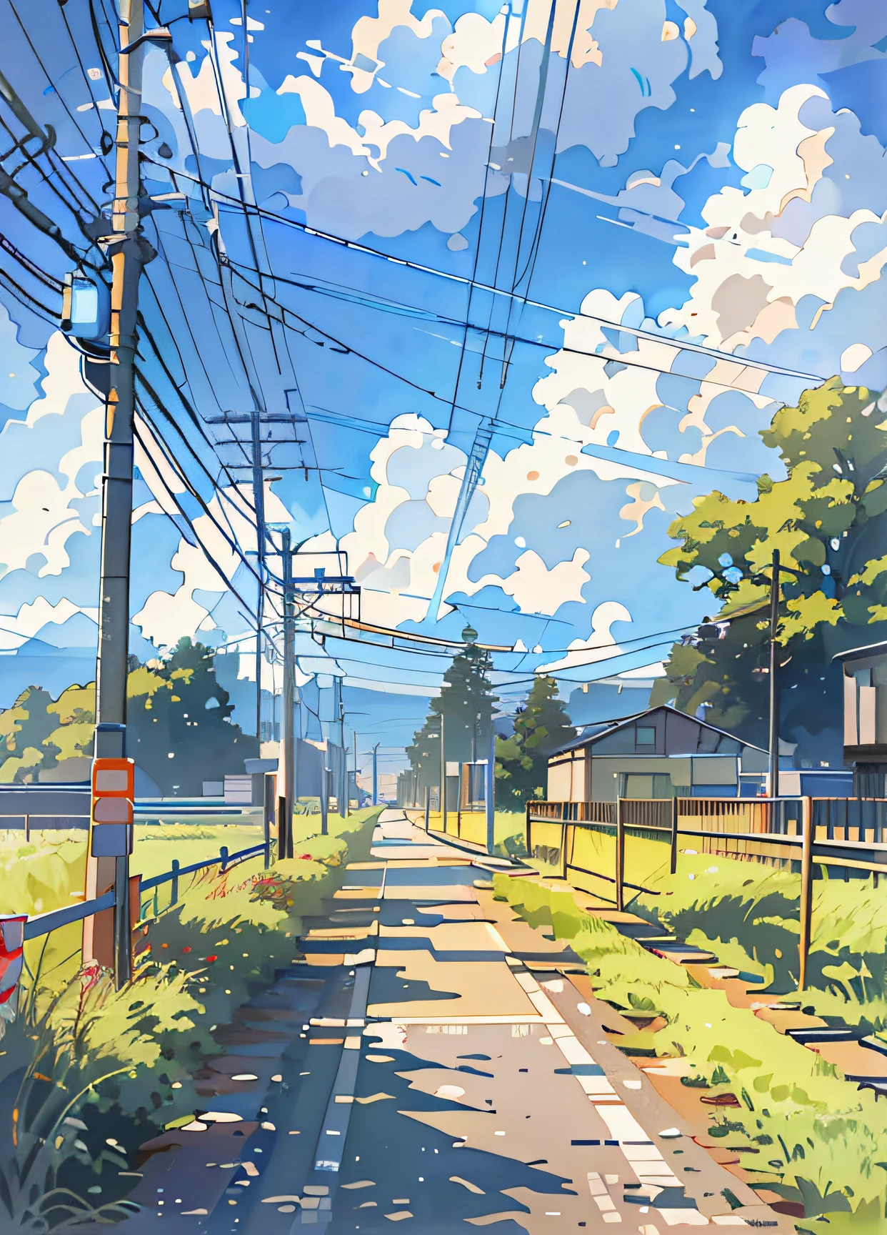 Anime scenery of a road with power lines and telephone poles - SeaArt AI