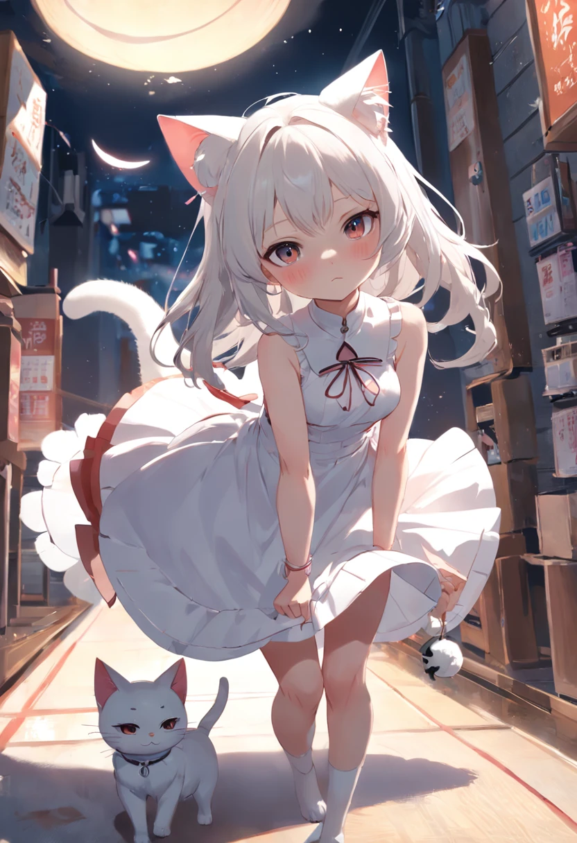 Anime girl with cat ears walking down a street with a white cat - SeaArt AI