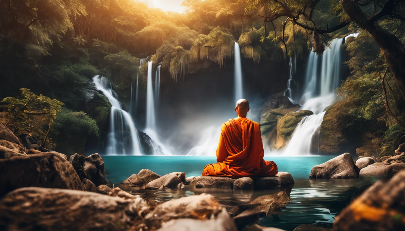 A monk sitting on a rock in front of a waterfall - SeaArt AI