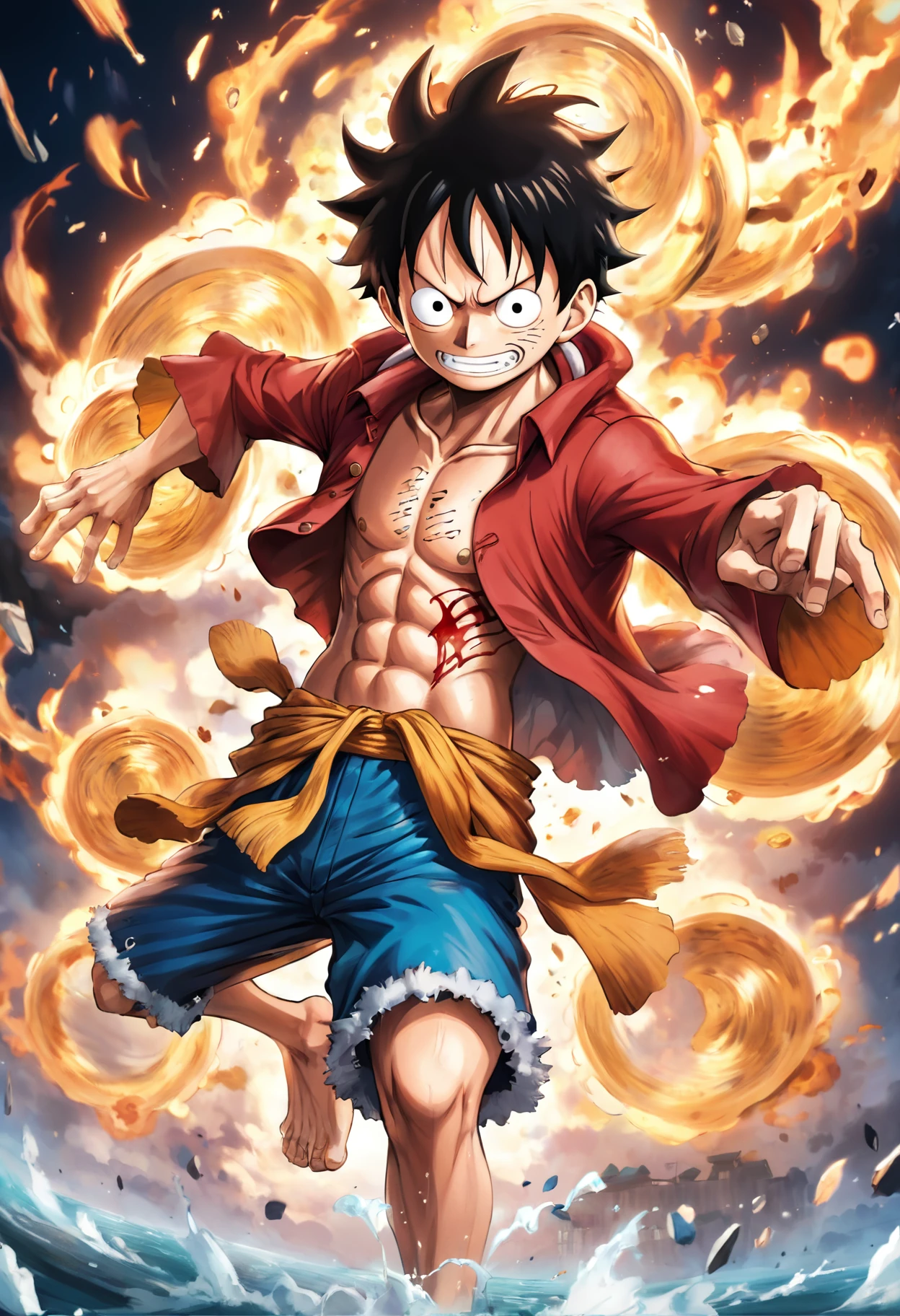 LUFFY very angry screaming and with his hands on fire and doing a ...