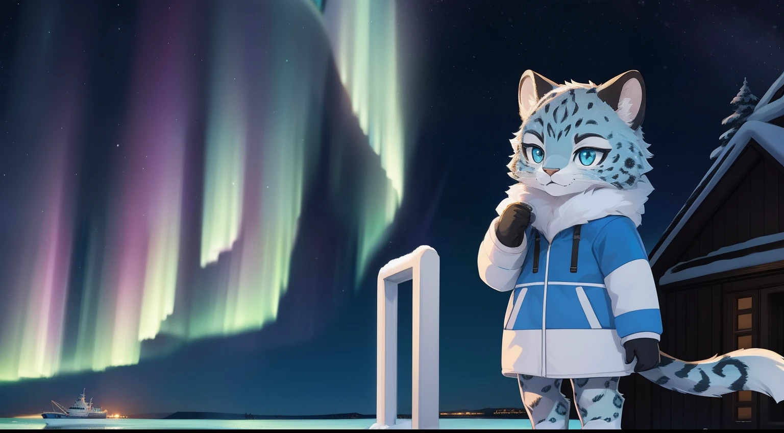 Anime character of a cat in a blue jacket standing in front of a house ...