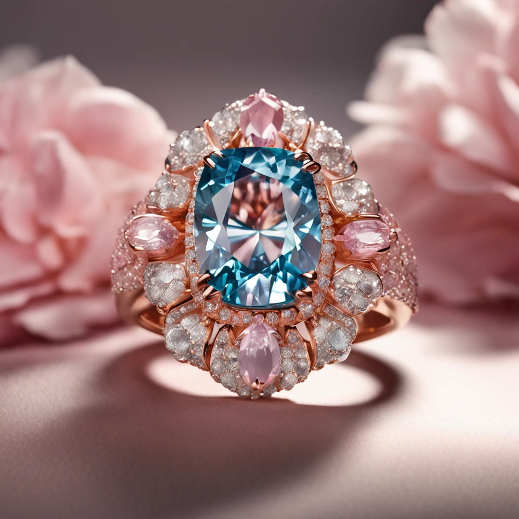 A close up of a ring with a blue topaz and pink diamonds - SeaArt AI