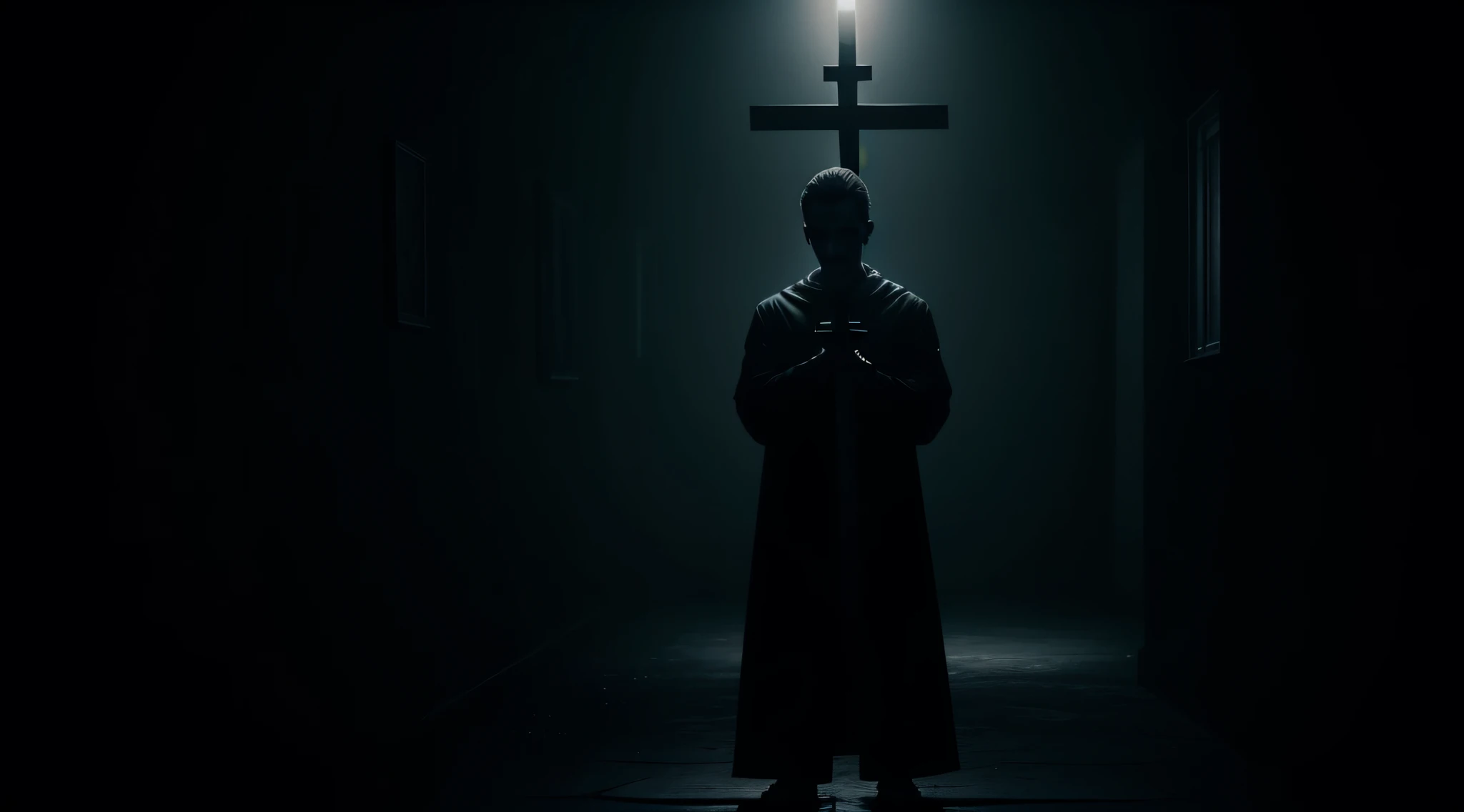A man in a robe standing in a dark room with a cross - SeaArt AI