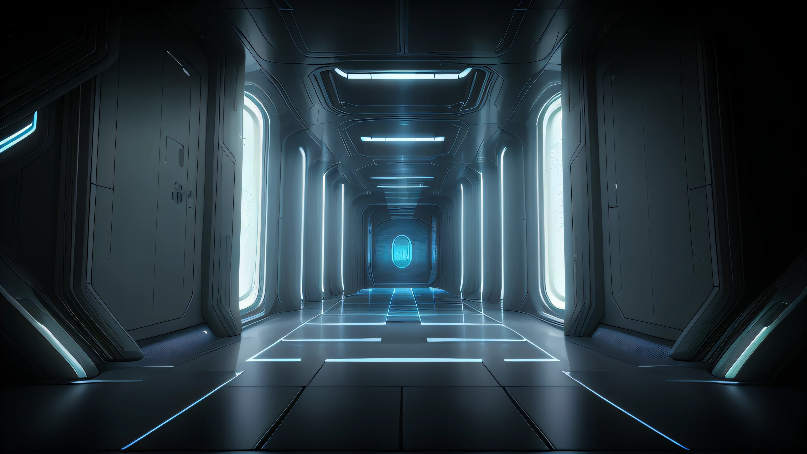 A dimly lit corridor with a bright light coming from the end - SeaArt AI