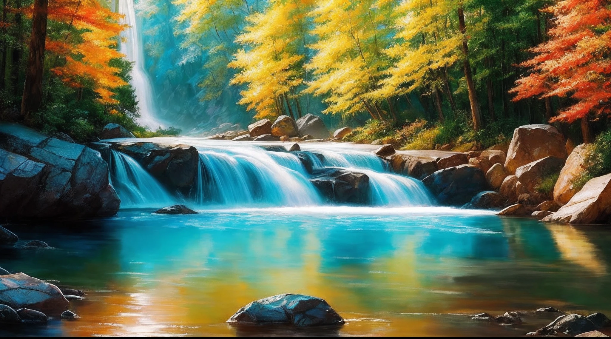Painting of a waterfall in a forest with rocks and trees - SeaArt AI