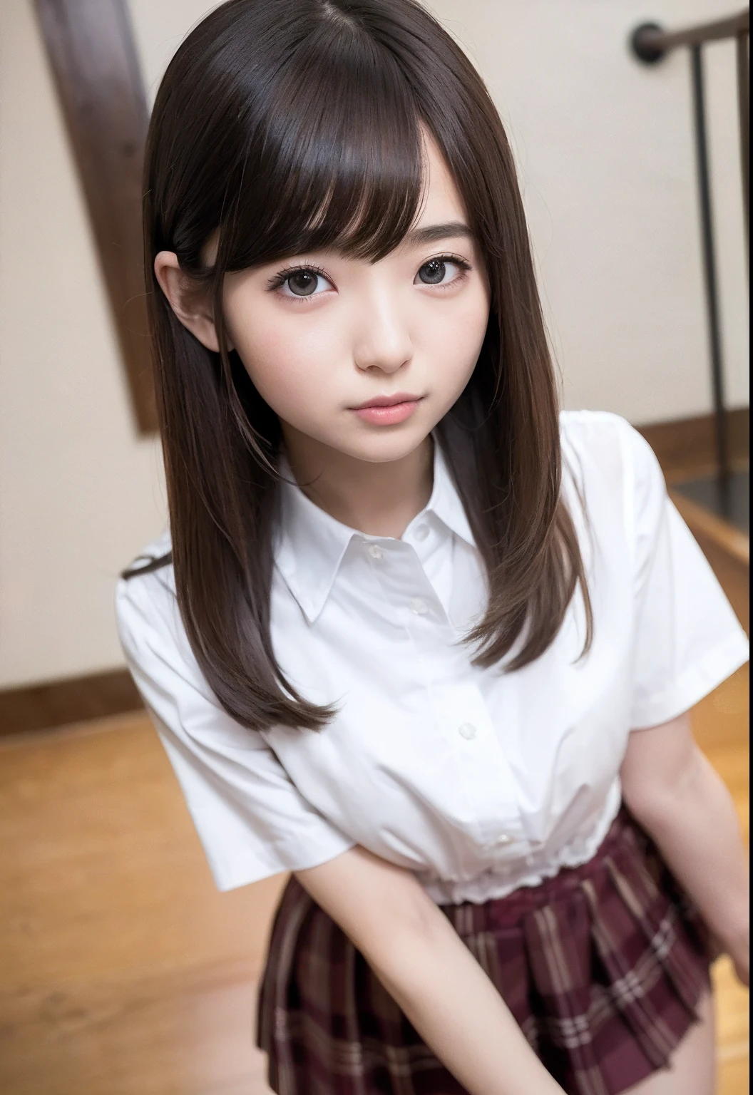 A close up of a woman in a short skirt and a white shirt - SeaArt AI