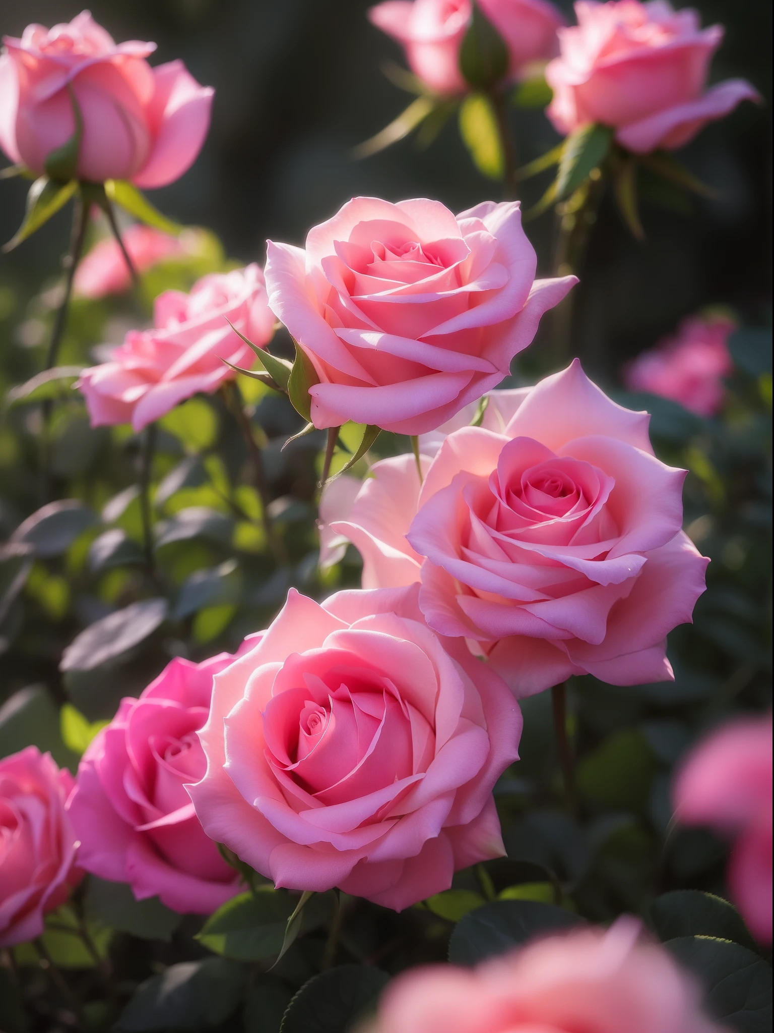There are many pink roses that are growing in the garden - SeaArt AI