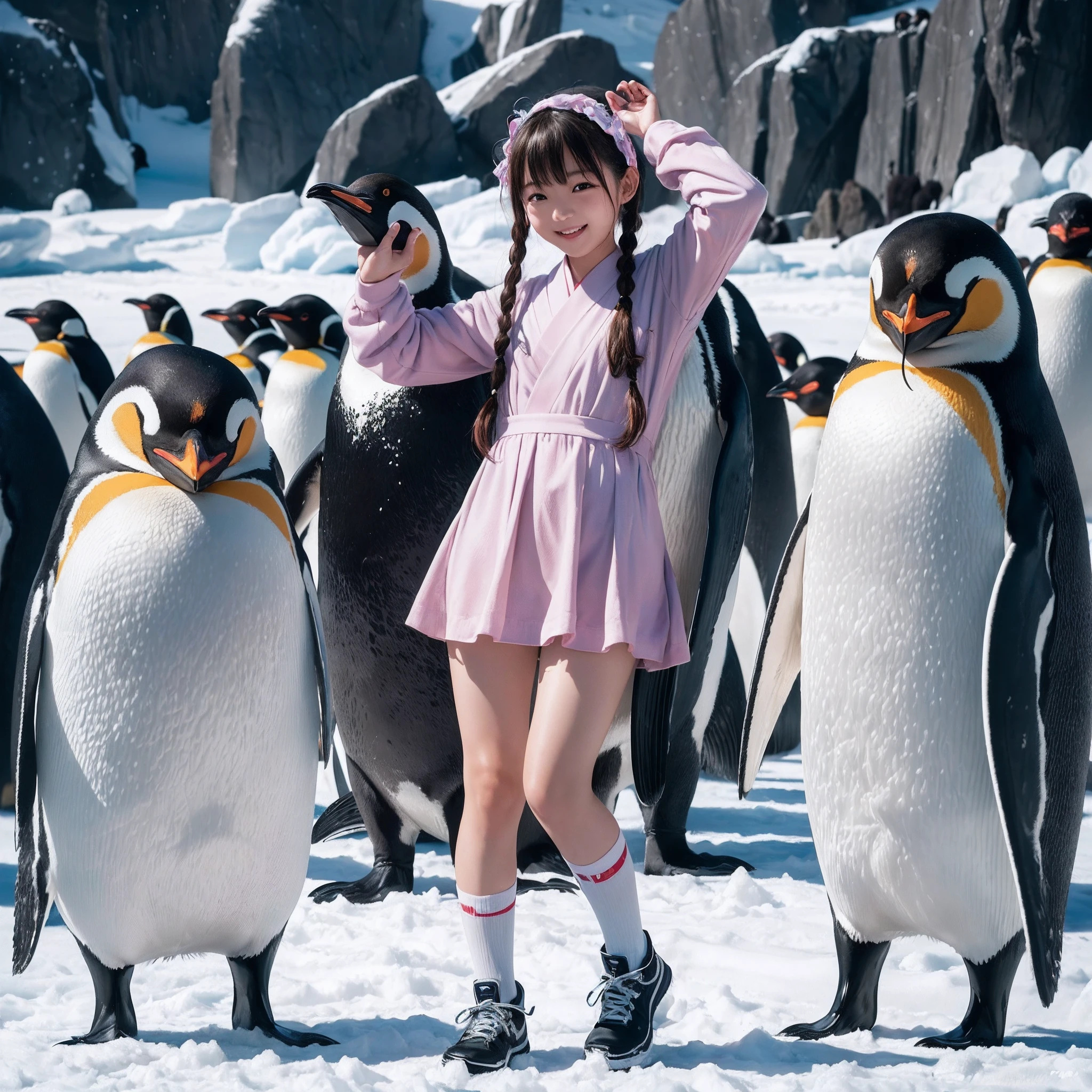 Girl in pink dress standing in front of a group of penguins - SeaArt AI