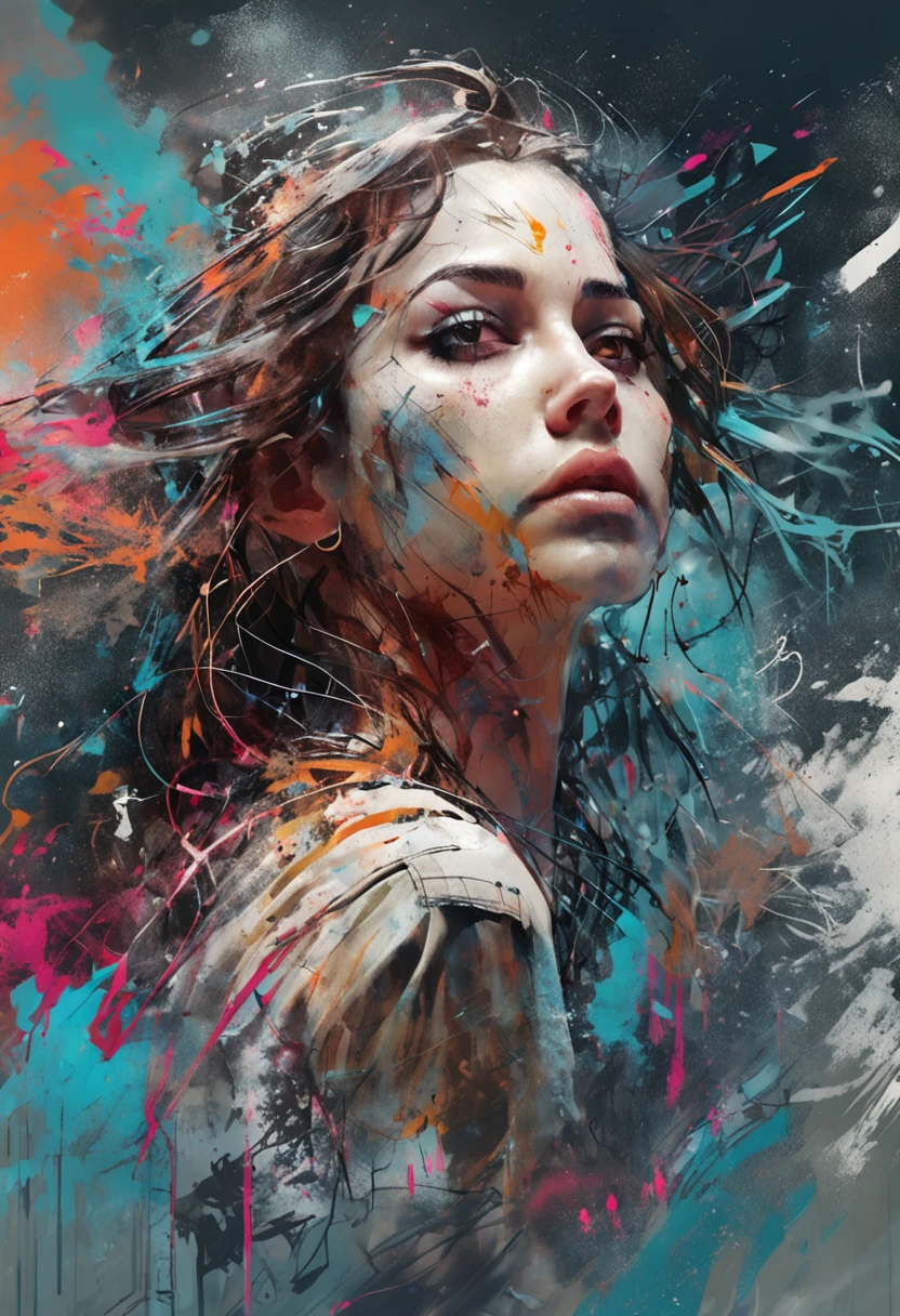 A painting of a woman with paint splatters on her face - SeaArt AI