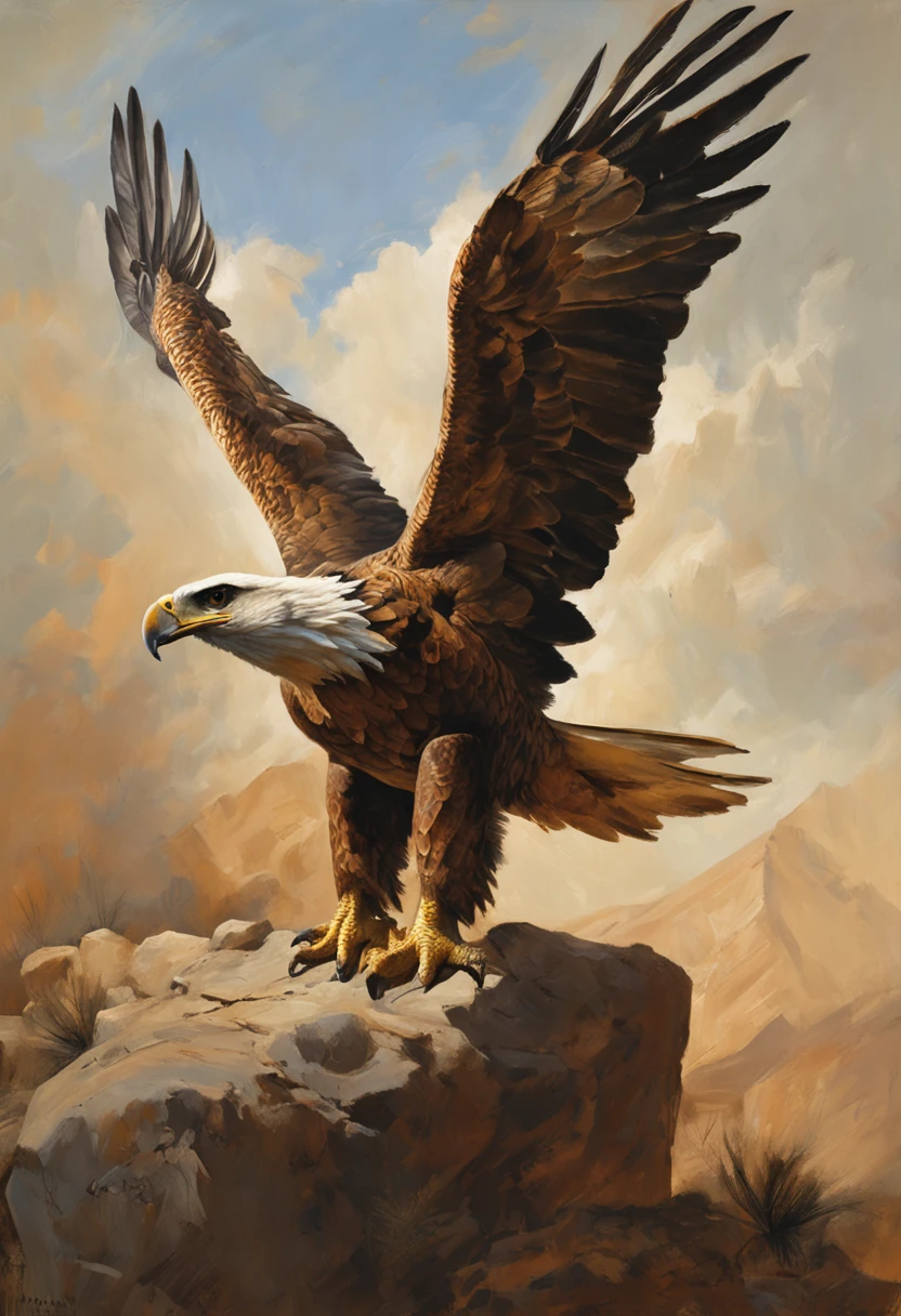 Painting of a large eagle flying over a rocky mountain - SeaArt AI