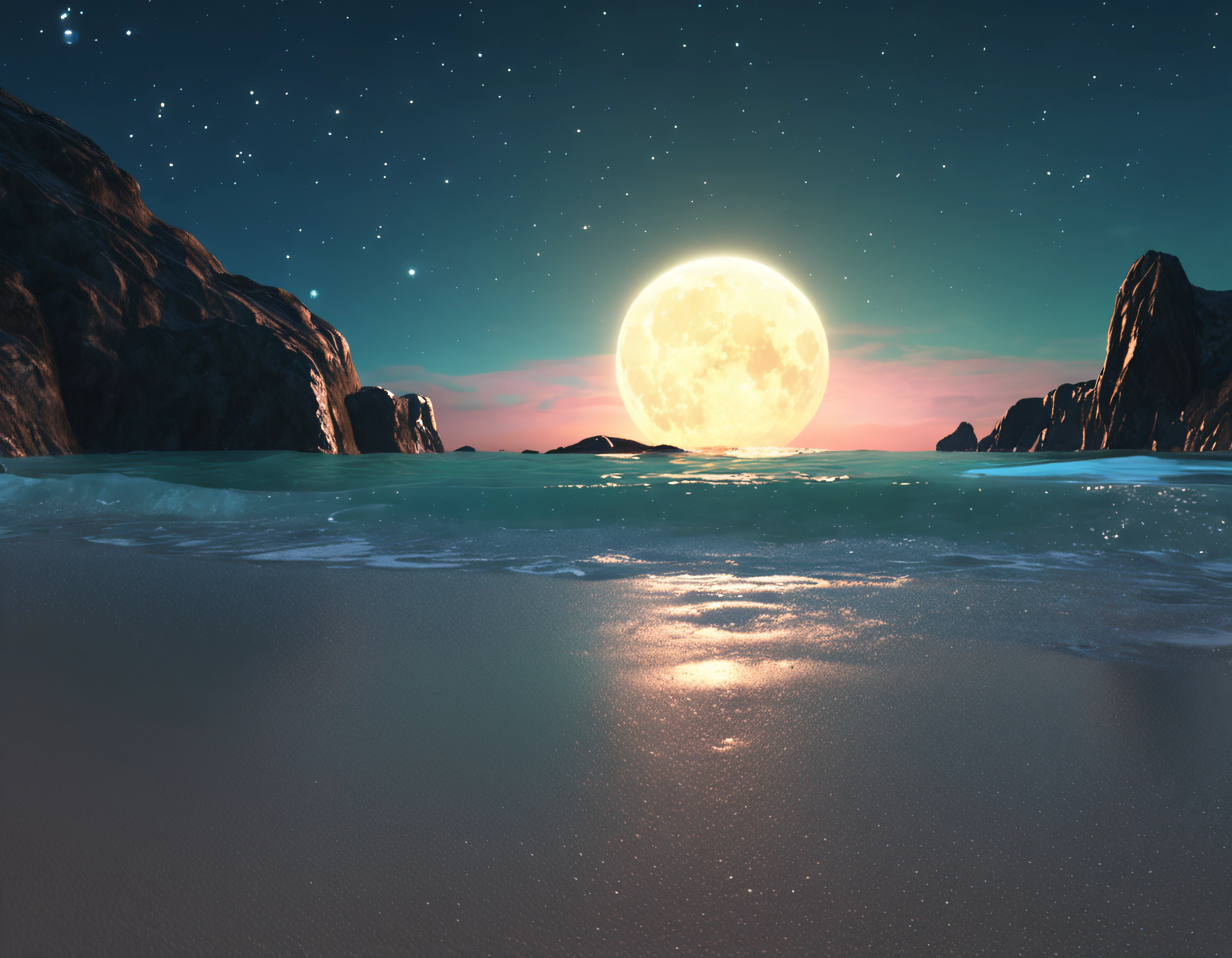 Uma visão de uma lua cheia subindo sobre o oceano com rochas - SeaArt AI