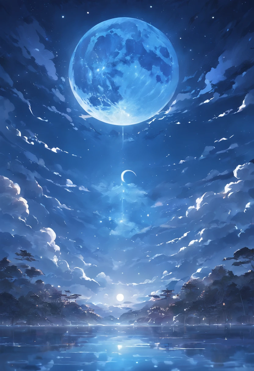 A blue moon is shining over a lake with clouds - SeaArt AI