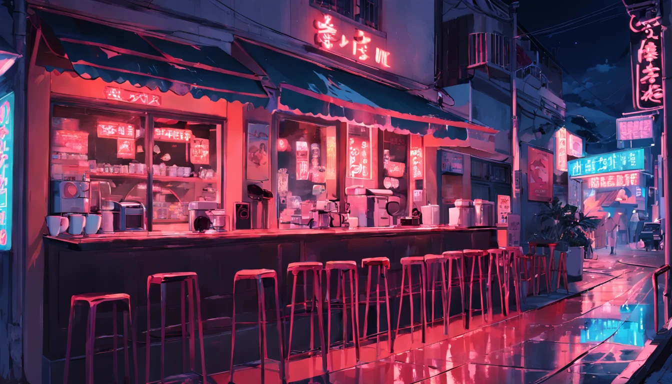 Anime bar with neon lights and stools in a city - SeaArt AI