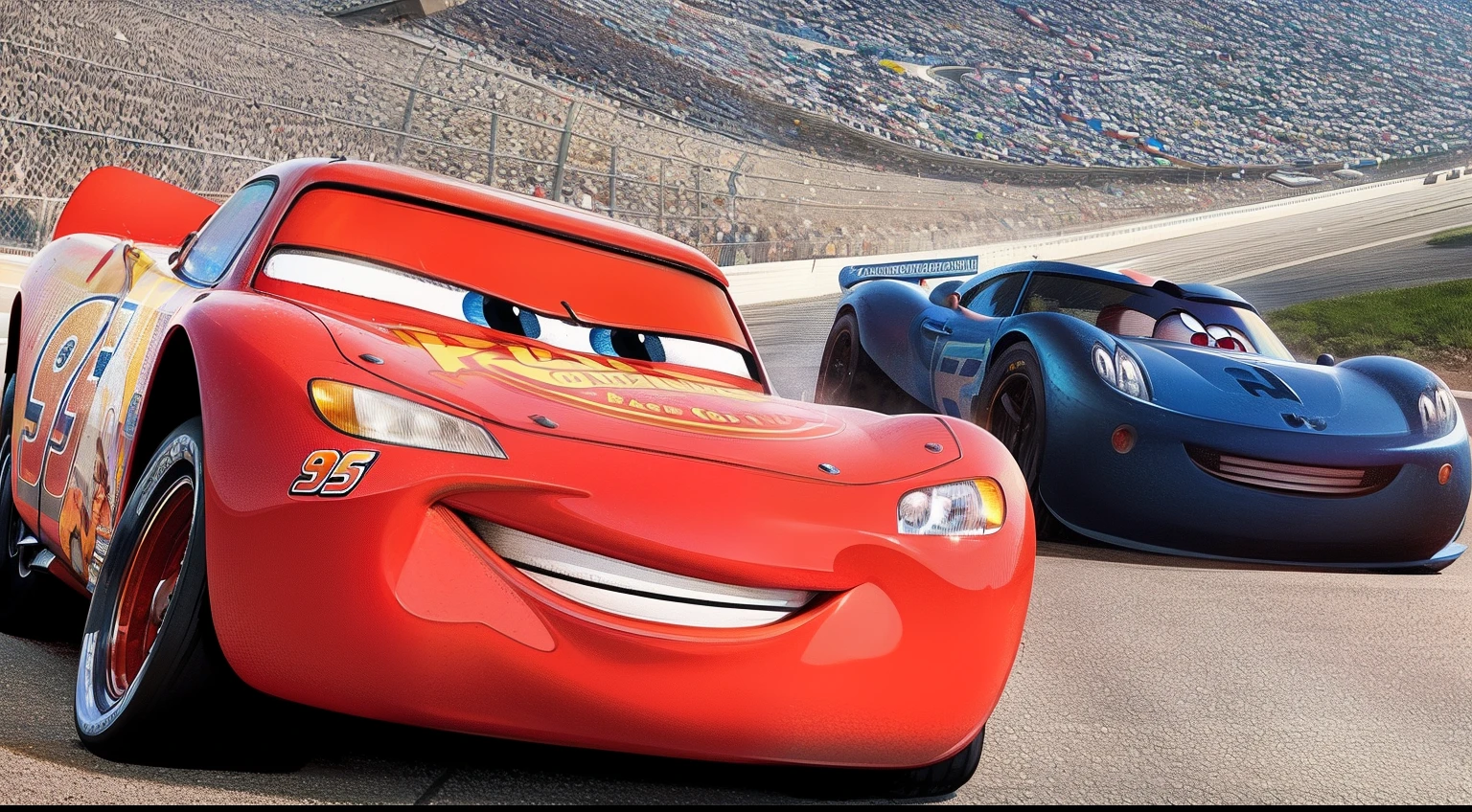 Cars are driving on a track with a large stadium in the background ...
