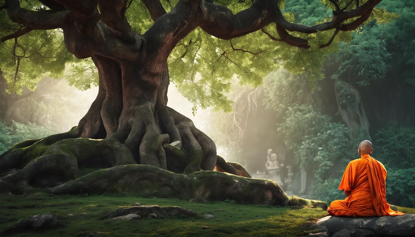 Arafed monk sitting in meditation under a tree in a forest - SeaArt AI