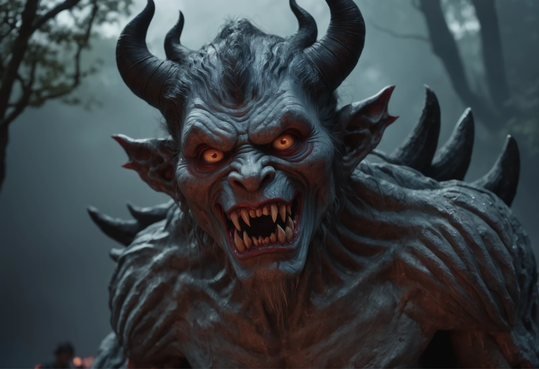 A close up of a demon statue with red eyes and horns - SeaArt AI