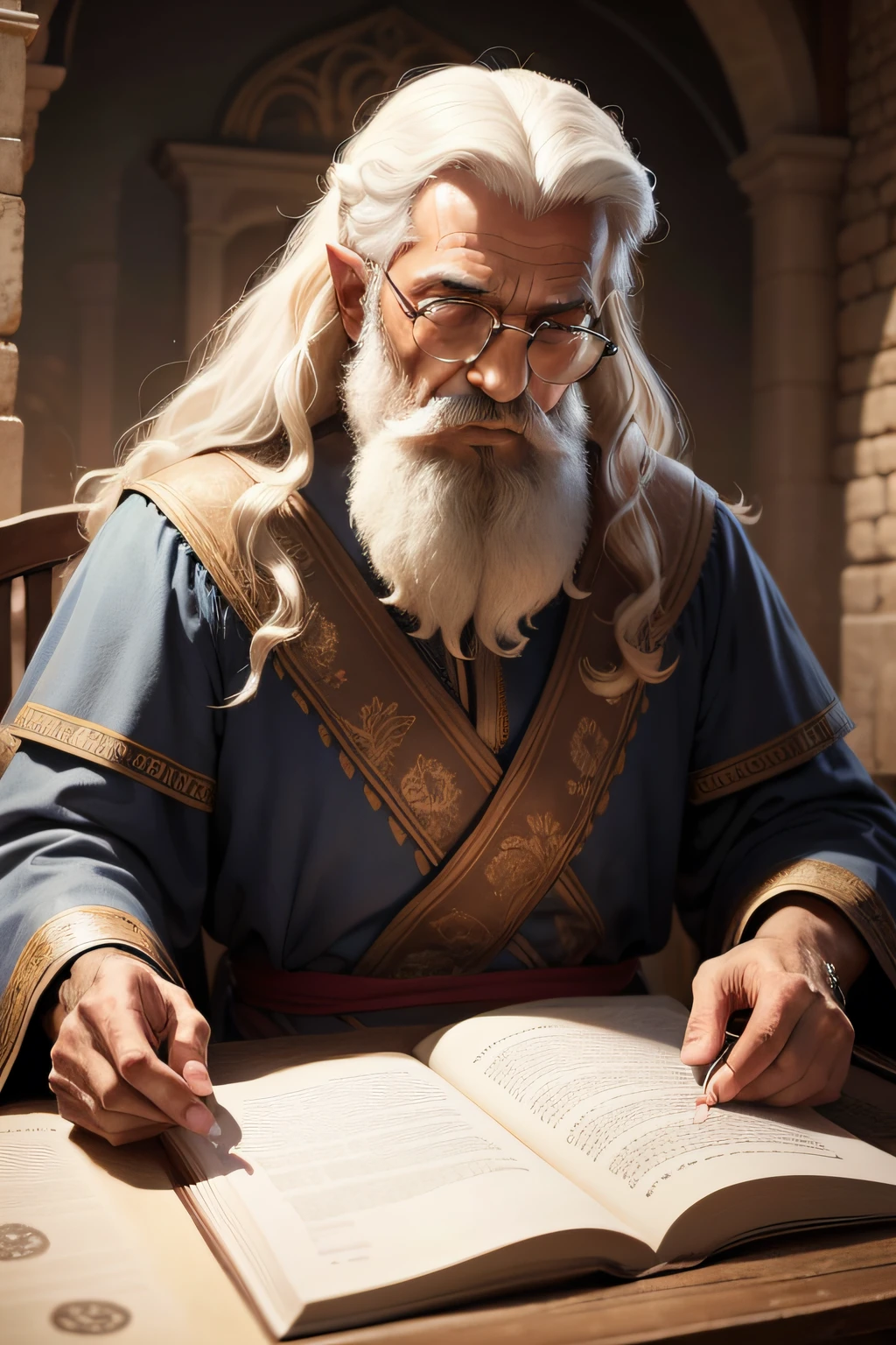 A man with a long white beard and glasses sitting at a table reading a ...