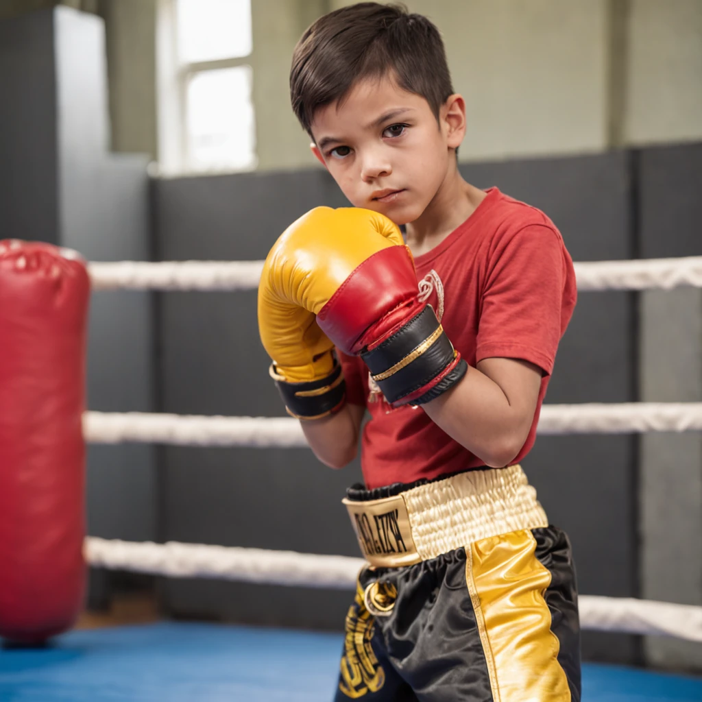 Boy in boxing gloves standing in a boxing ring with a red bag - SeaArt AI