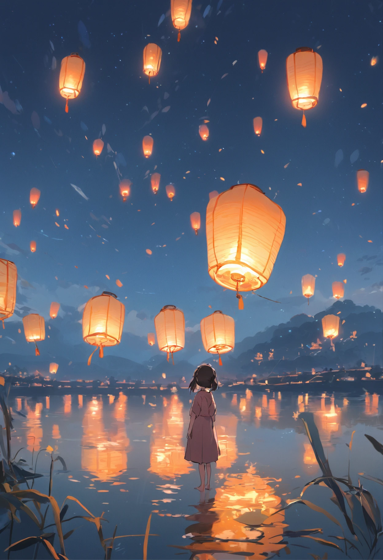 A woman standing in the water looking at lanterns floating in the sky ...