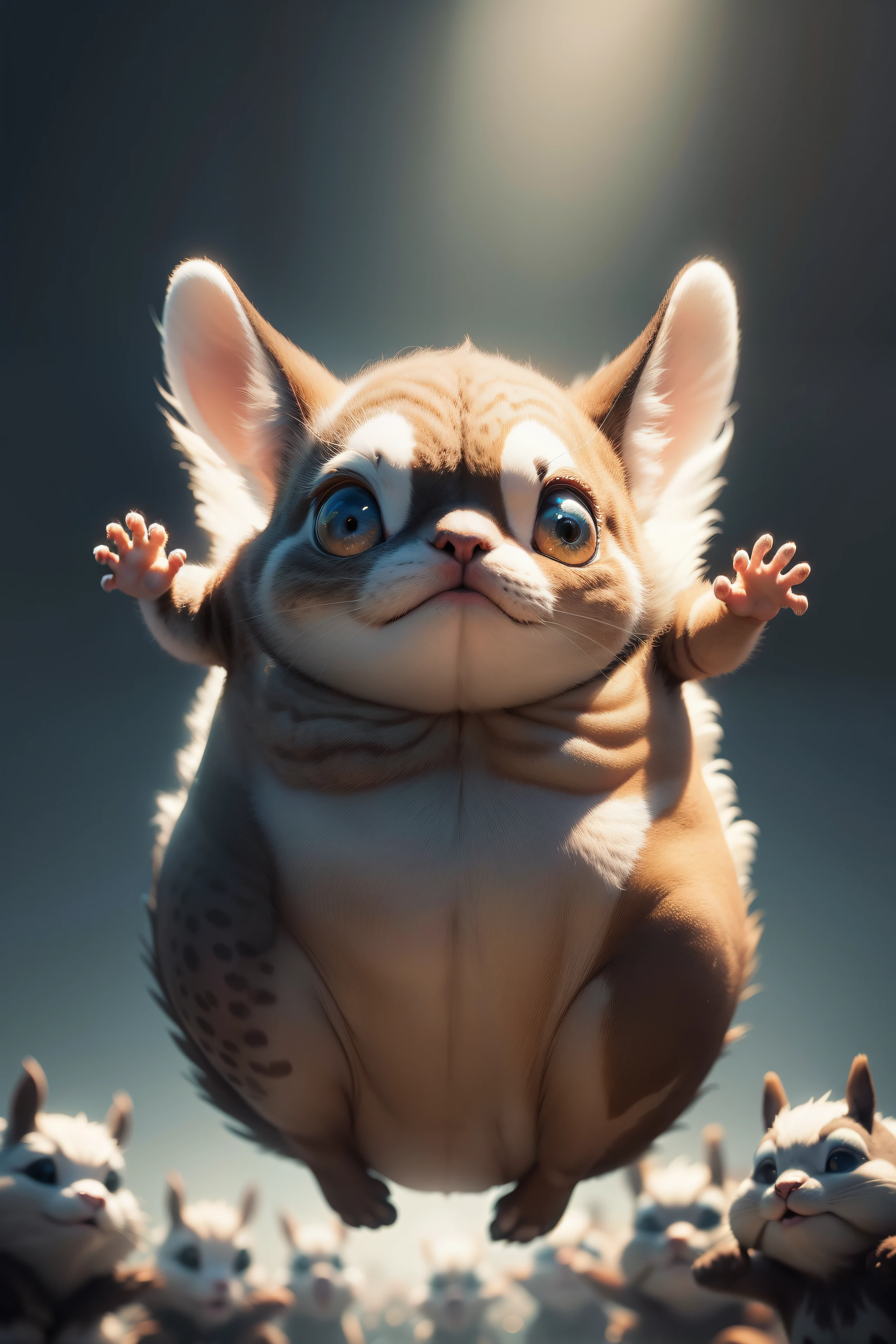 A close up of a cat flying through the air with other cats - SeaArt AI