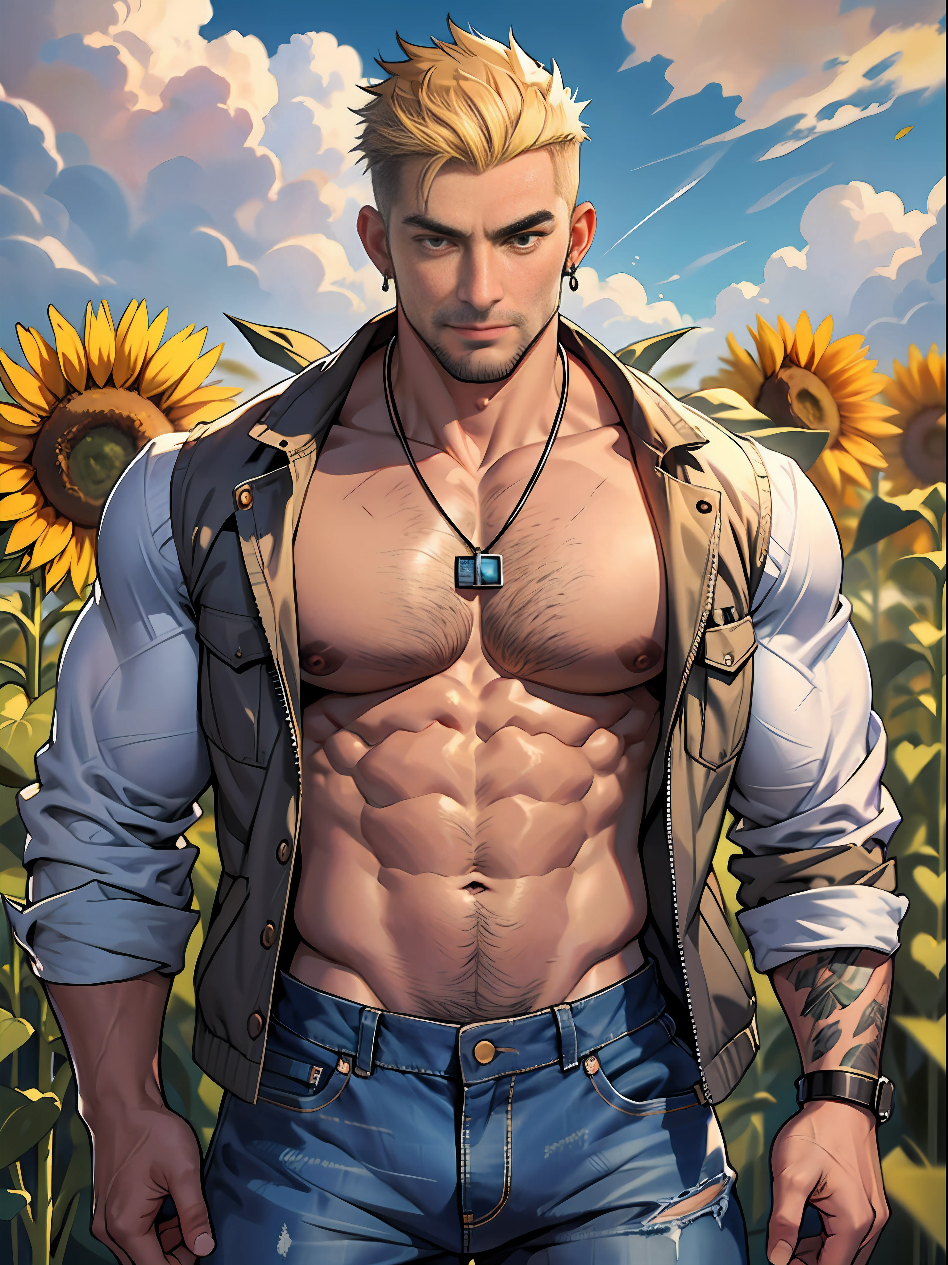 A man with a shirt on standing in a field of sunflowers - SeaArt AI